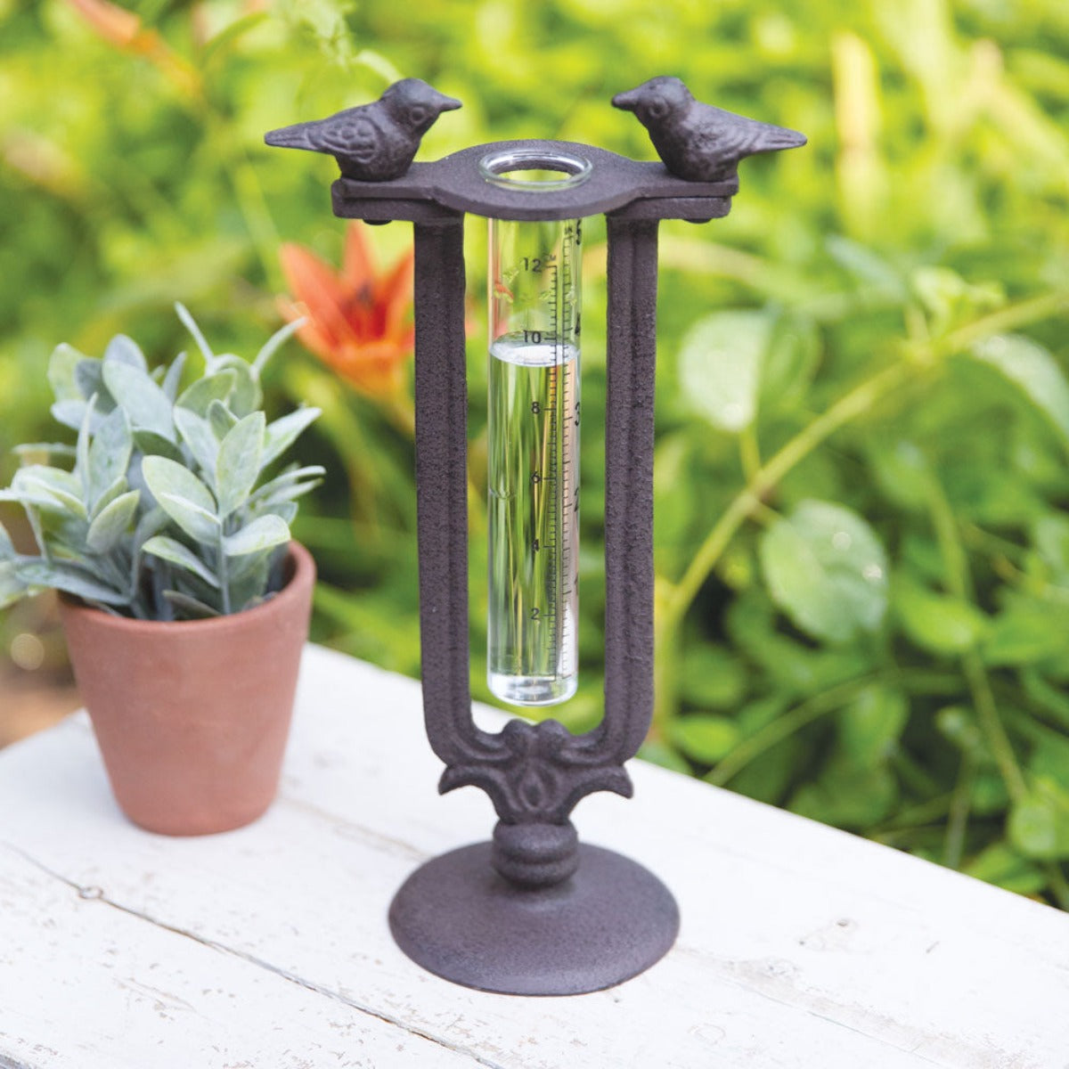 Two Birds Tabletop Rain Gauge - Iron Accents