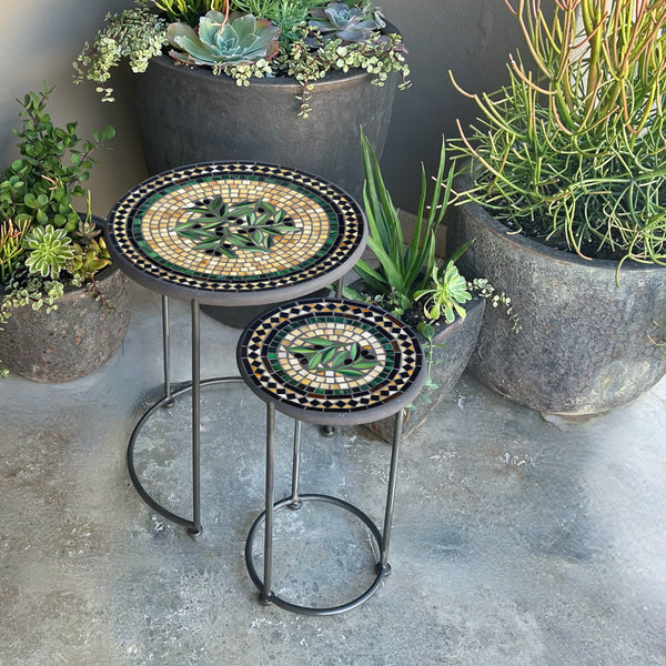Black Olives Mosaic Round Nesting Tables | Neille Olson Mosaics - Iron ...