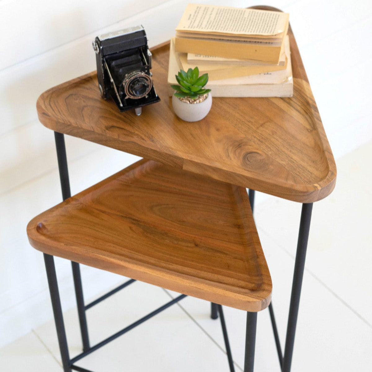 Acacia Duo Nesting Tables| Modern Triangle Top with Iron Base - Iron ...