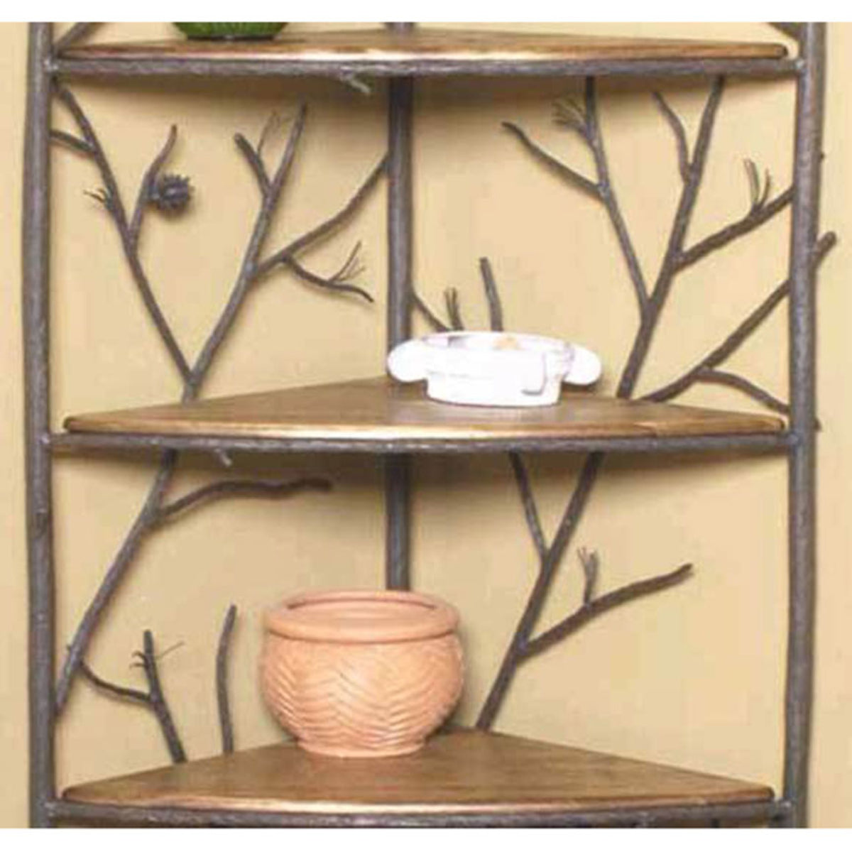 Forged Wrought Iron Corner Bakers Rack - Pine - Iron Accents
