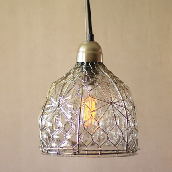 Electric Pendant Lamp w/ Glass - Iron Accents