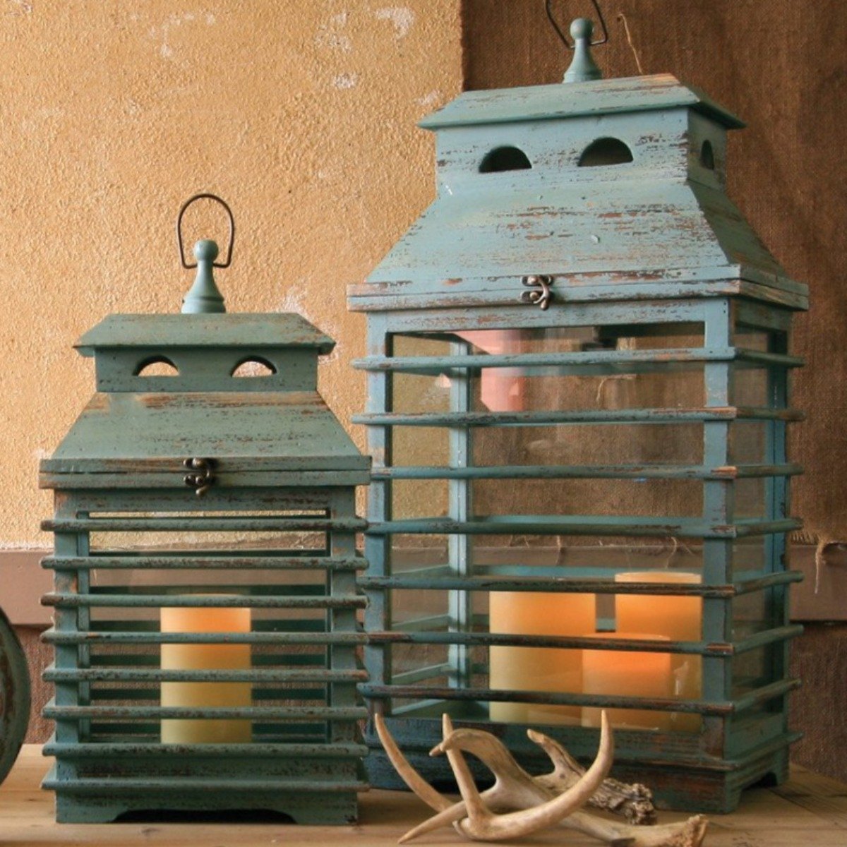 Vintage Blue Shutter Lanterns - Iron Accents