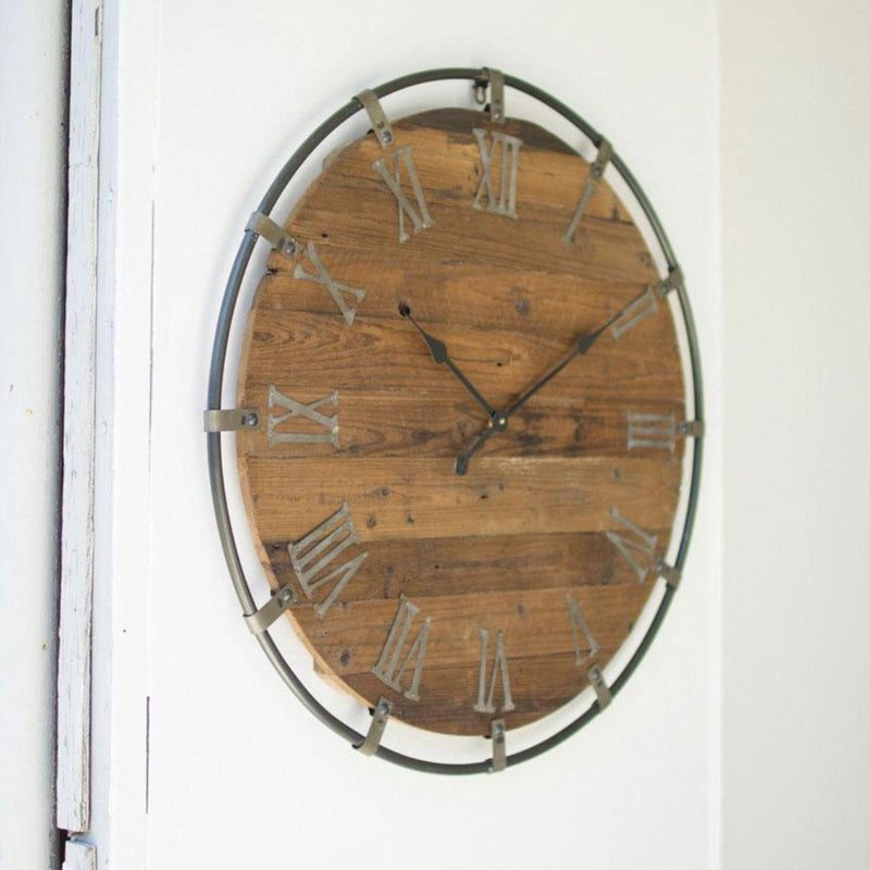Wooden Clock w/Metal Frame - Iron Accents